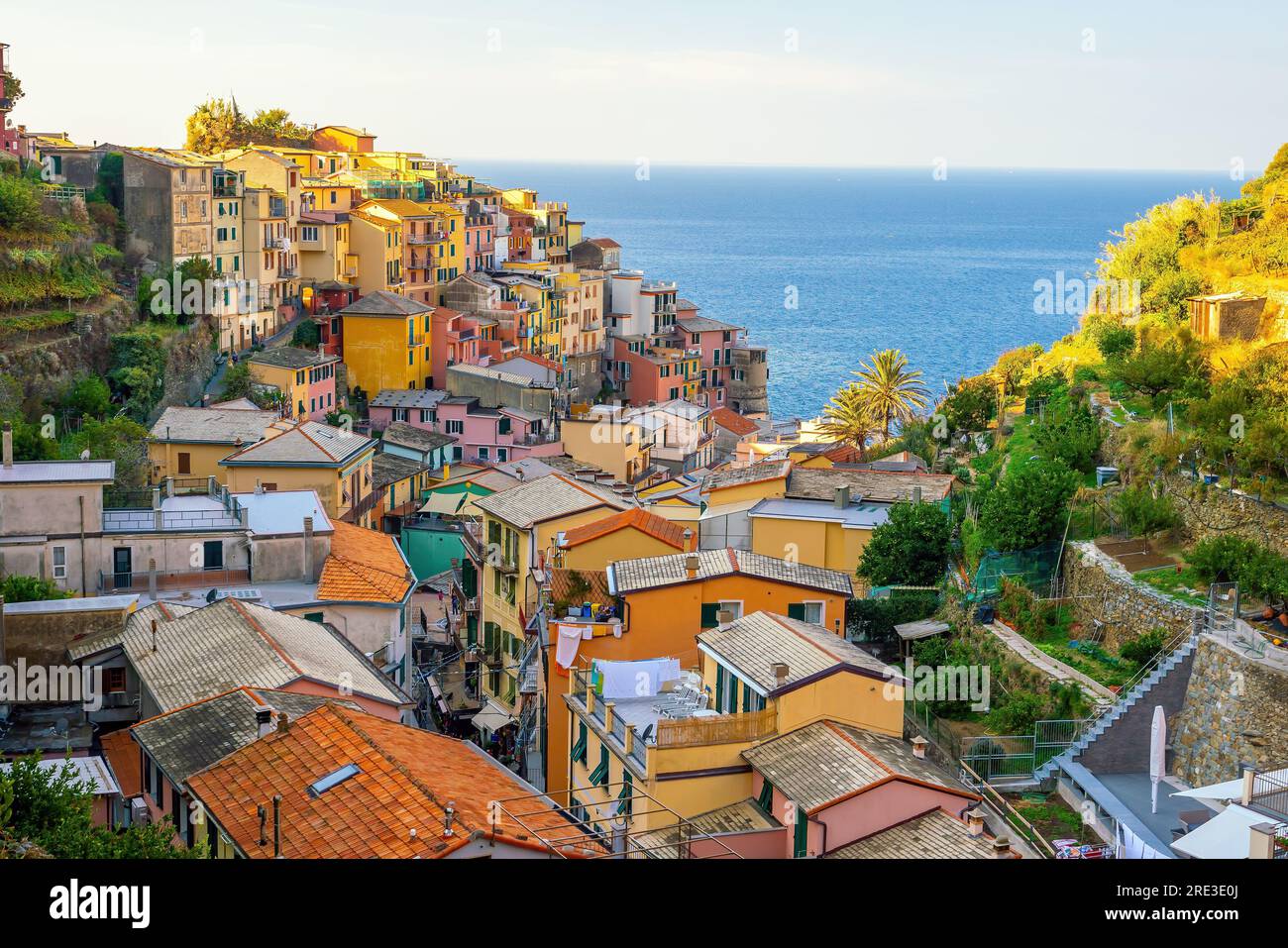Colorful cityscape of buildings over Mediterranean sea, Europe, Cinque ...