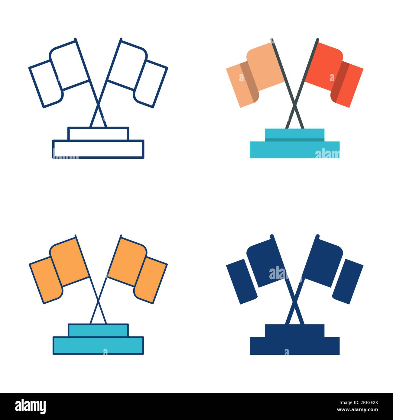 Two flags on stand icon set in flat and line style. Vector illustration ...