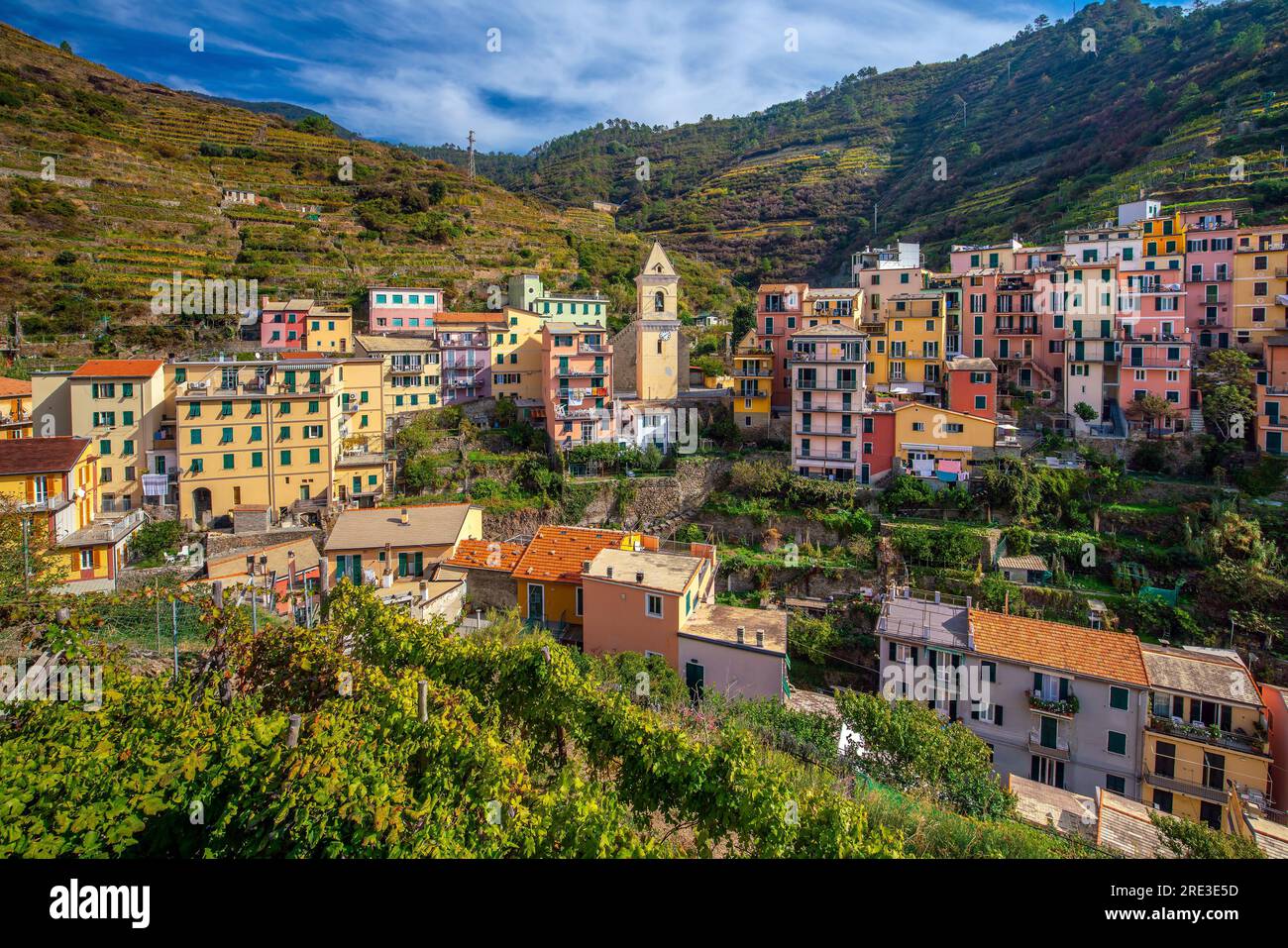 Colorful cityscape of buildings over Mediterranean sea, Europe, Cinque ...