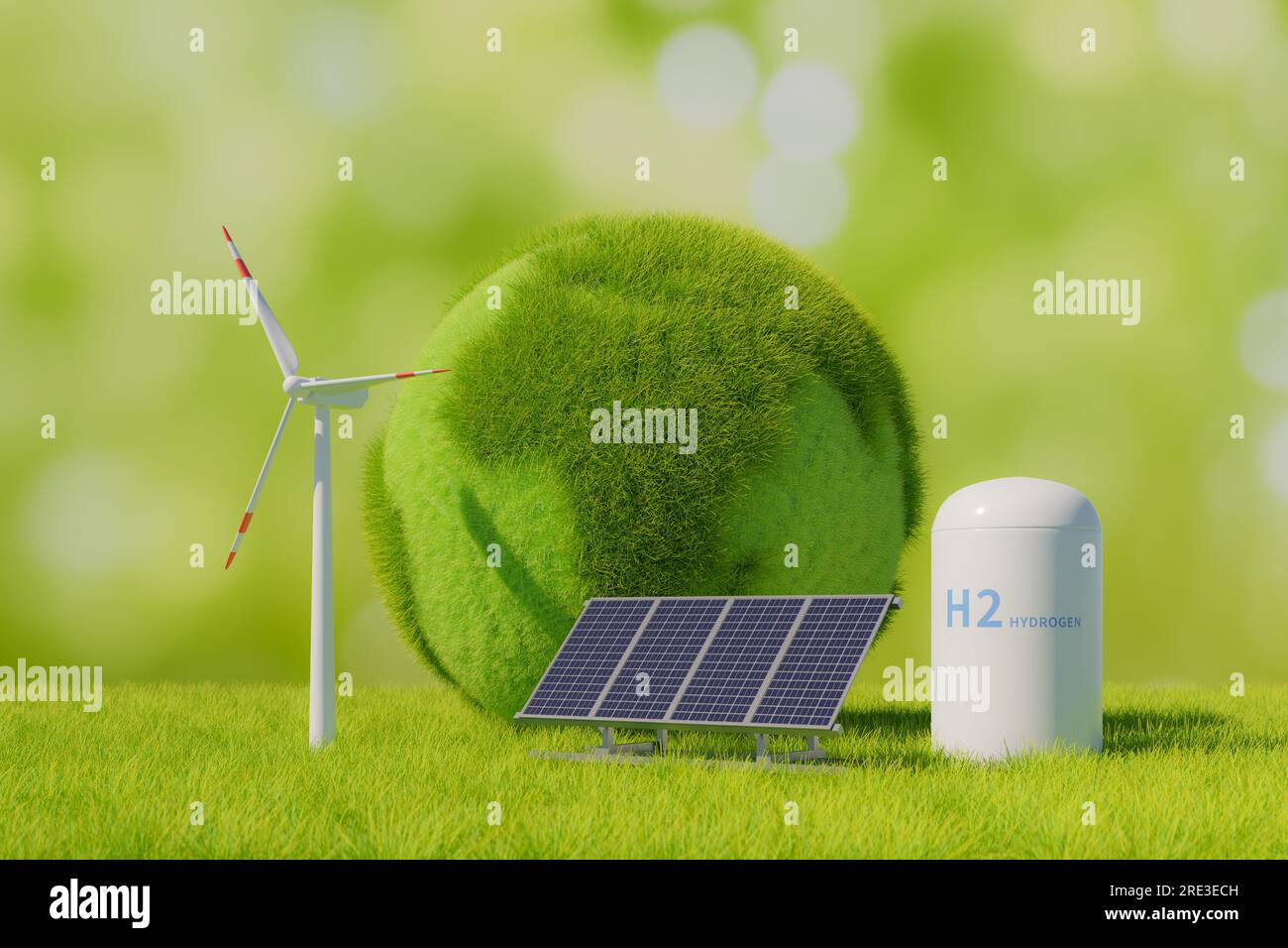 Green energy concept background with hydrogen energy tank, wind power ...
