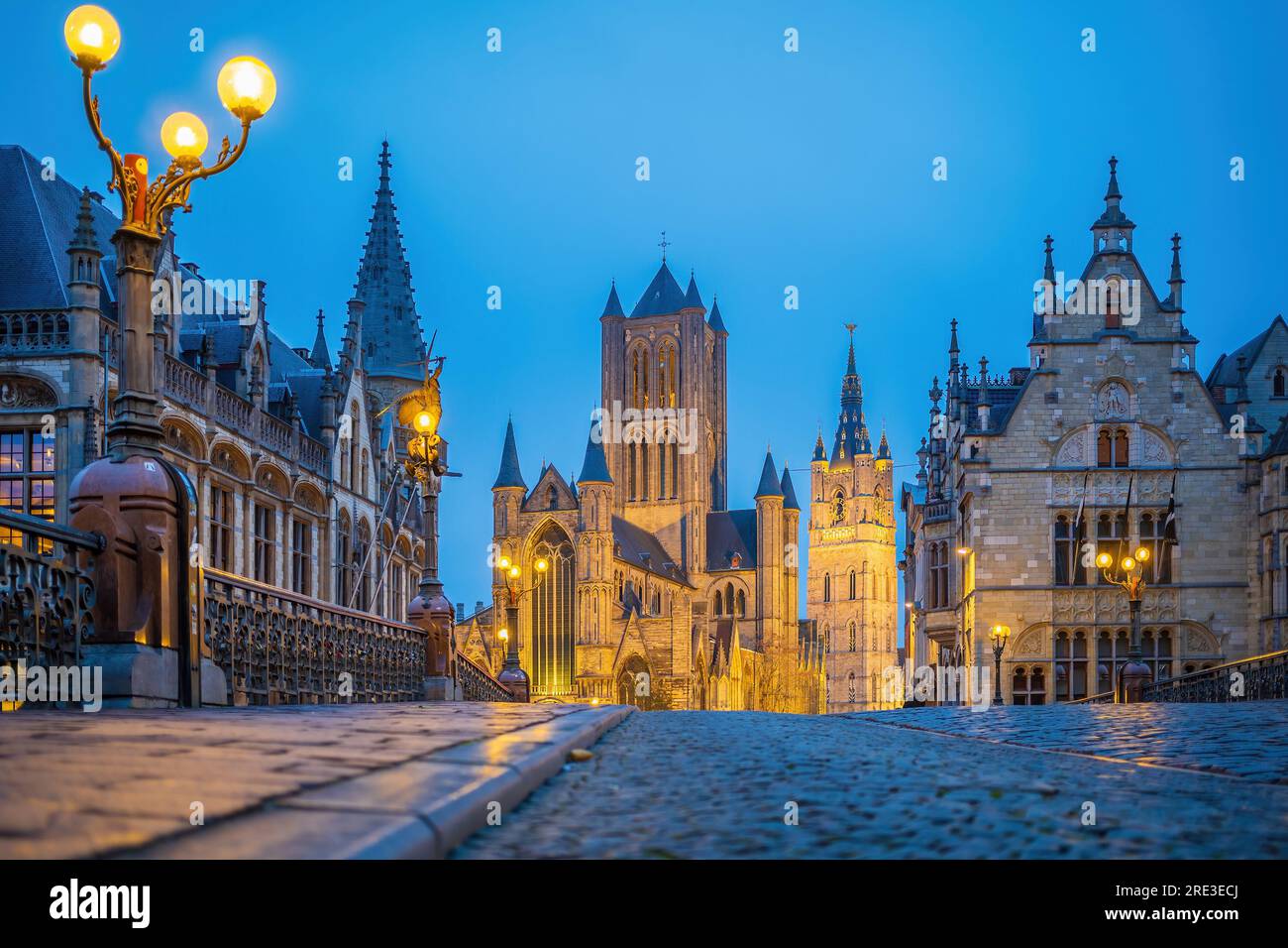 View of historic city of downtown Ghent, cityscape of Belgium at ...