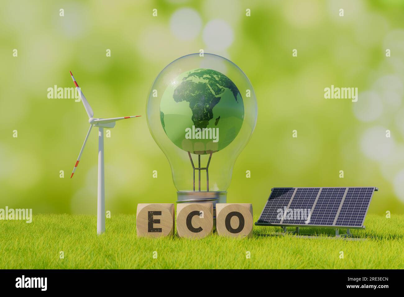 Green energy concept background with wind power, solar power and light ...