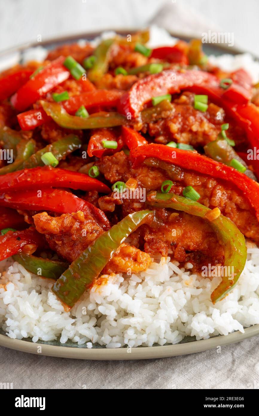 Homemade Simple Chili Chicken with White Rice on a Plate, side view ...