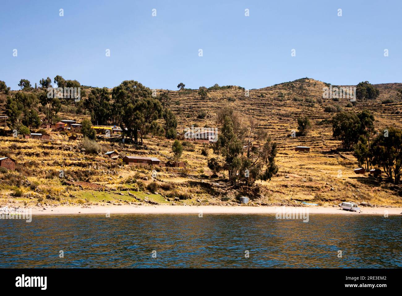 View of the shores and harbour of the island of Taquile on Lake ...