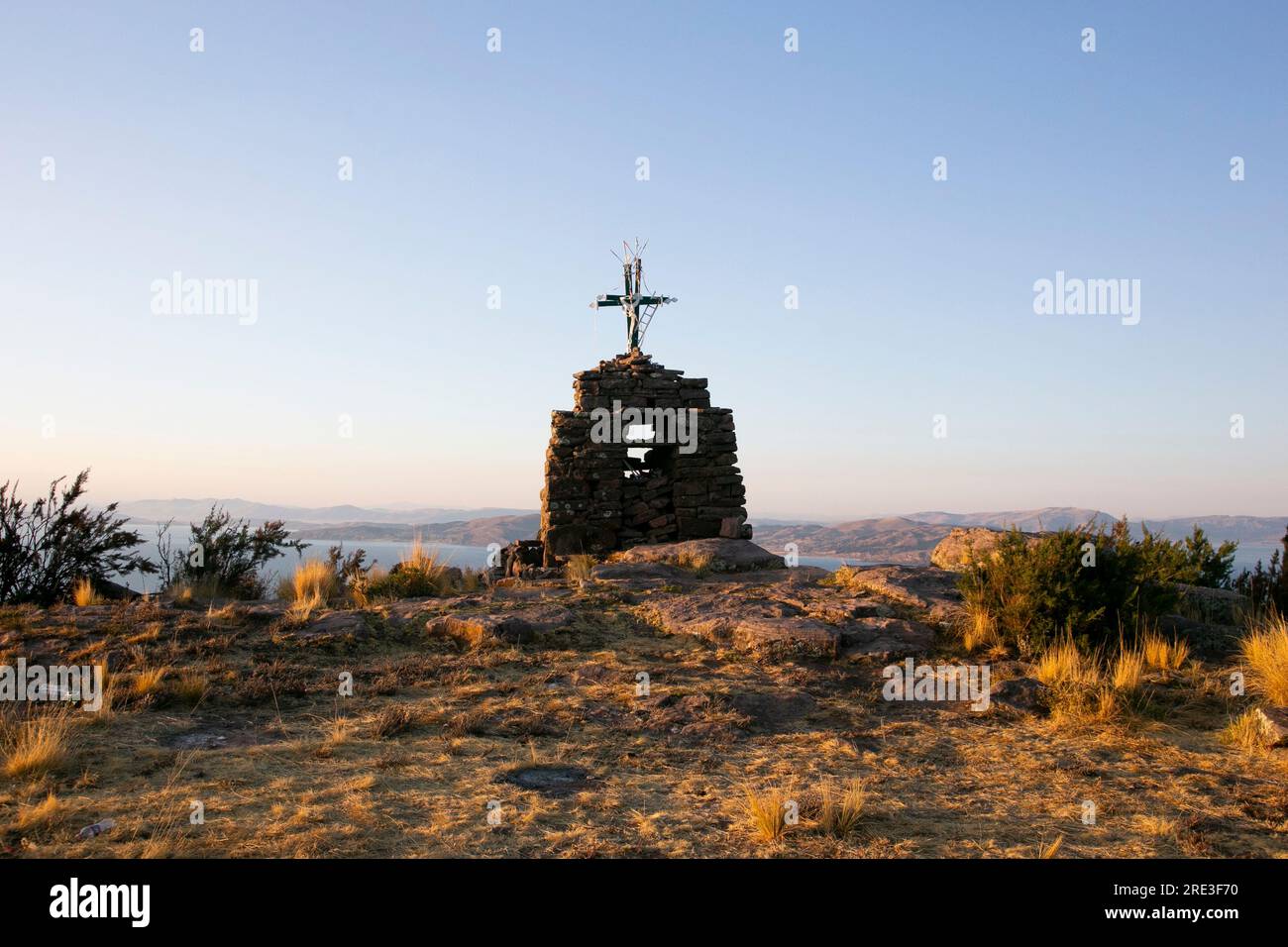 Traditional stone arch of the Llachon peninsula, in the Lake Titicaca ...