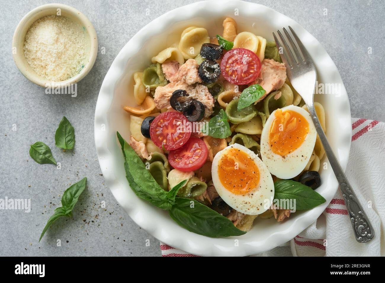 Italian pasta salad. Orecchiette pasta with tuna, tomato cherry, olive ...