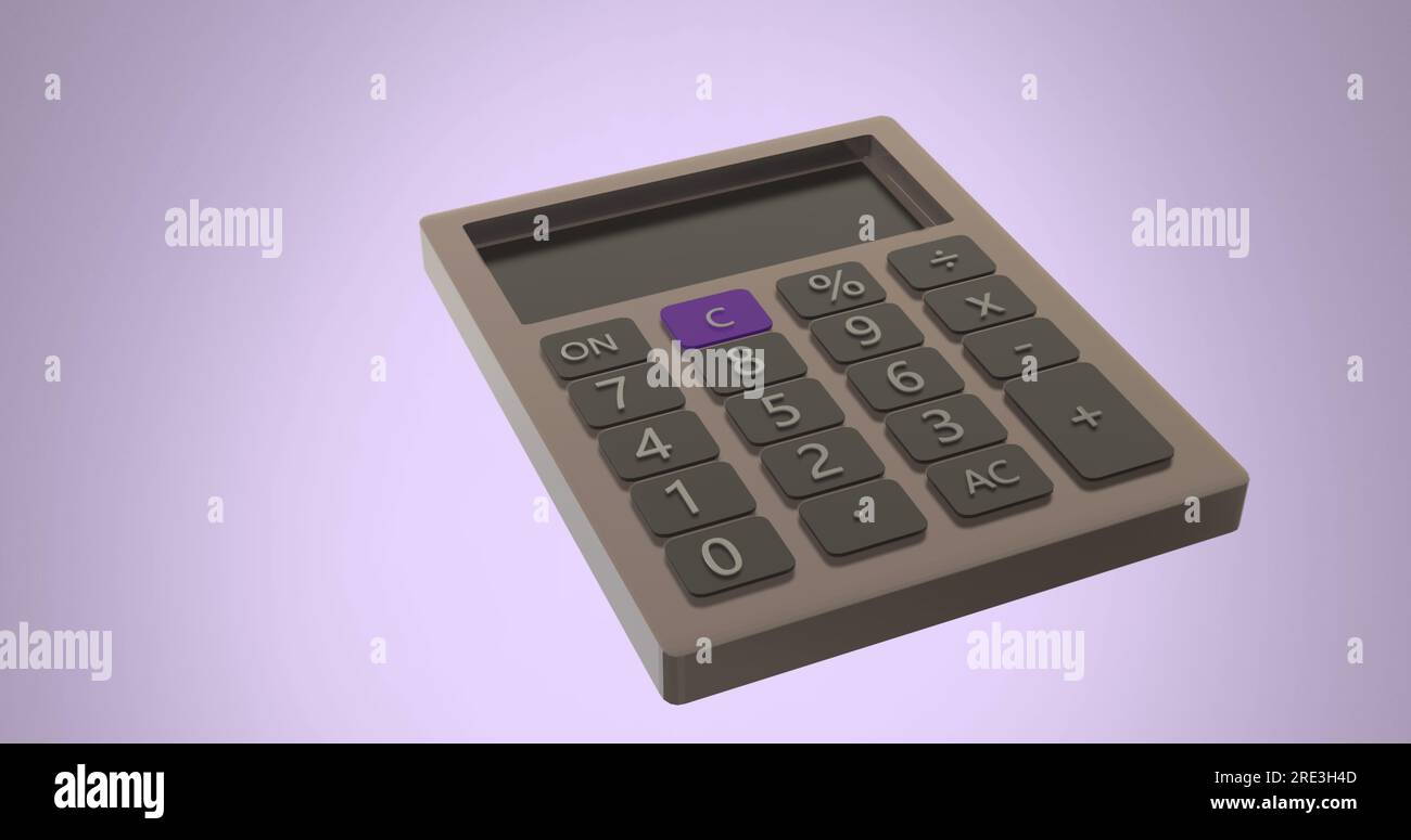 Composition of grey calculator with blank screen on purple background ...