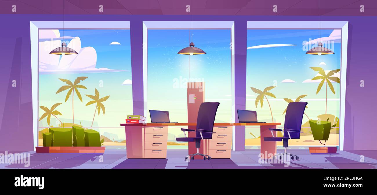 Seaside company office interior with palm trees behind large windows ...