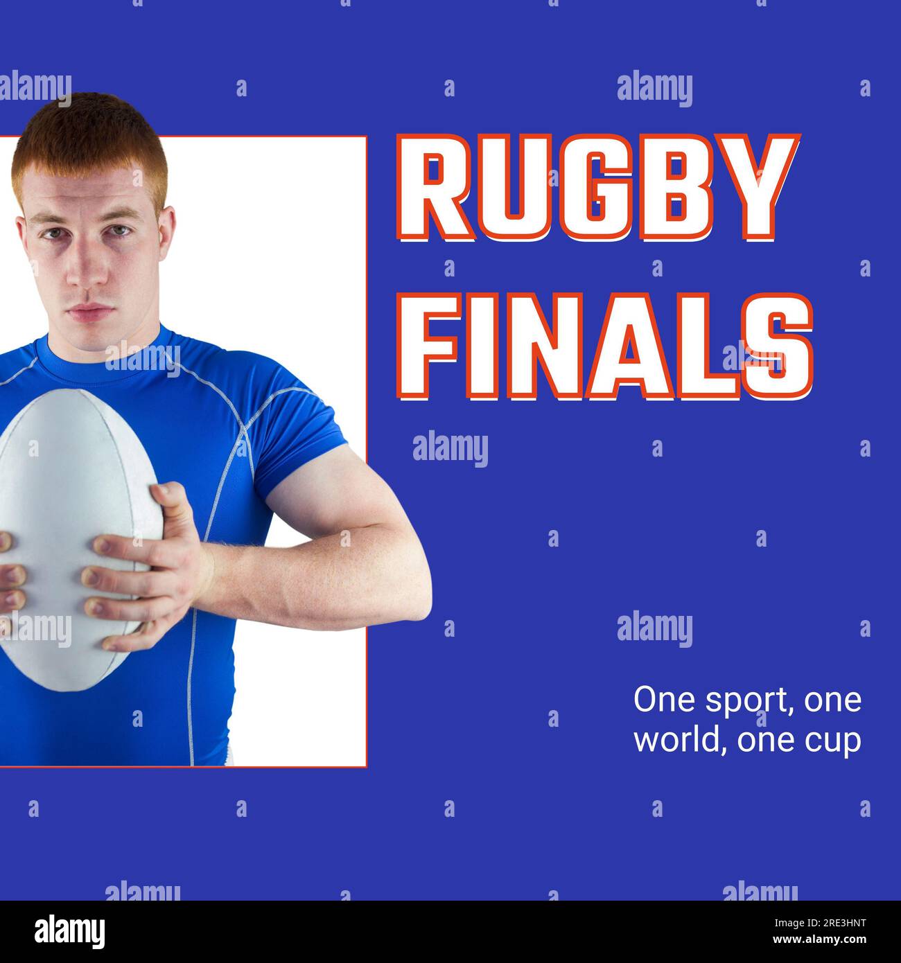 Rugby finals text in white on blue with caucasian male rugby player ...
