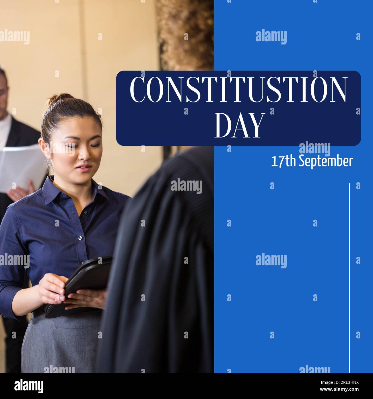 Constitution day text in white on blue with asian female attorney at ...