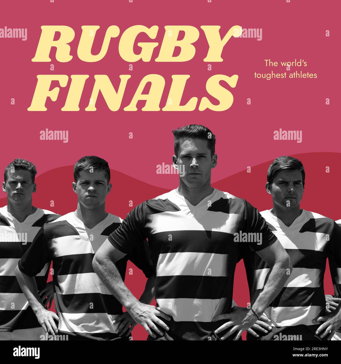 Rugby finals text in yellow on pink with portrait of caucasian male ...