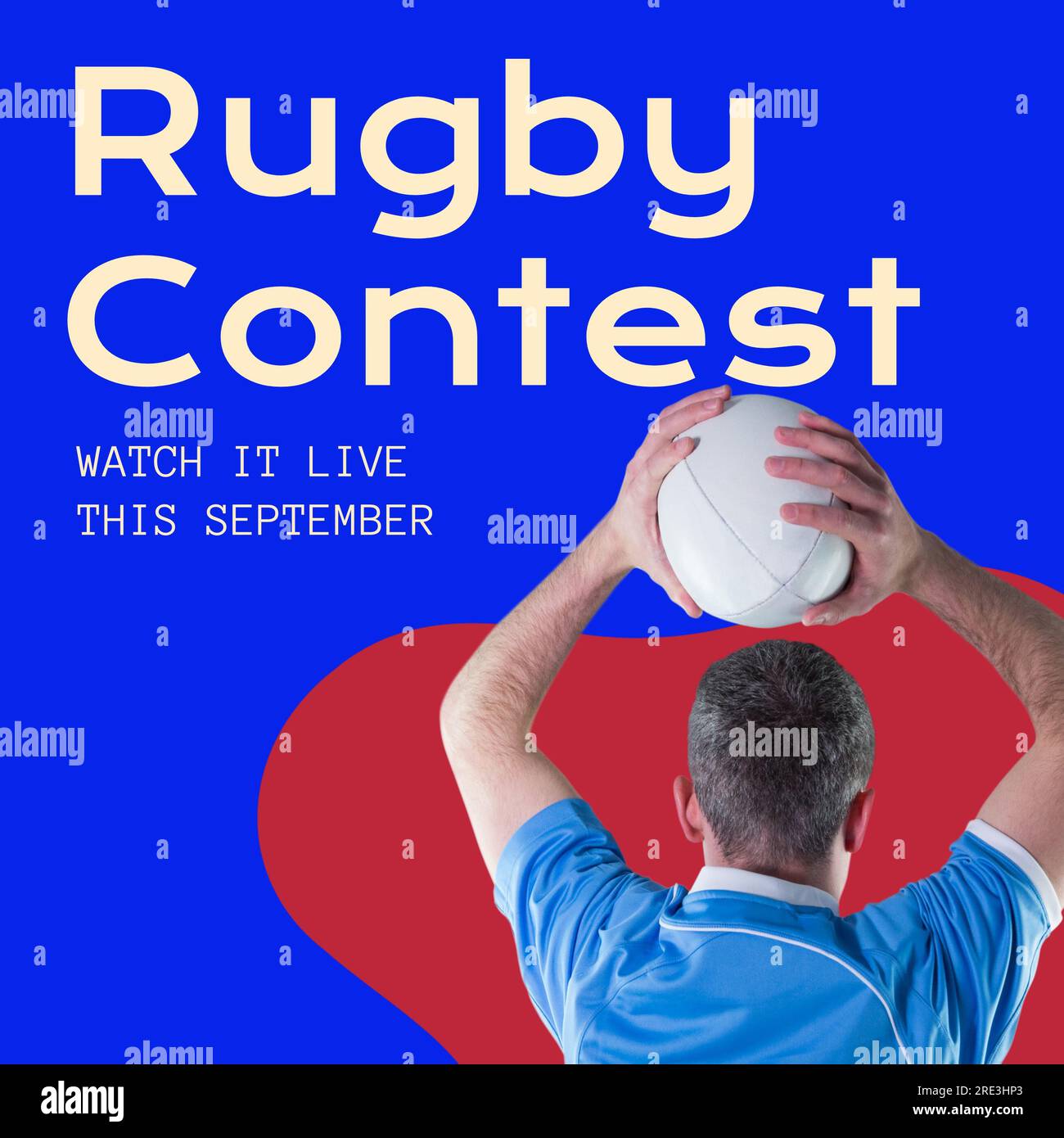 Rugby contest text in white on blue with rear view of caucasian male ...