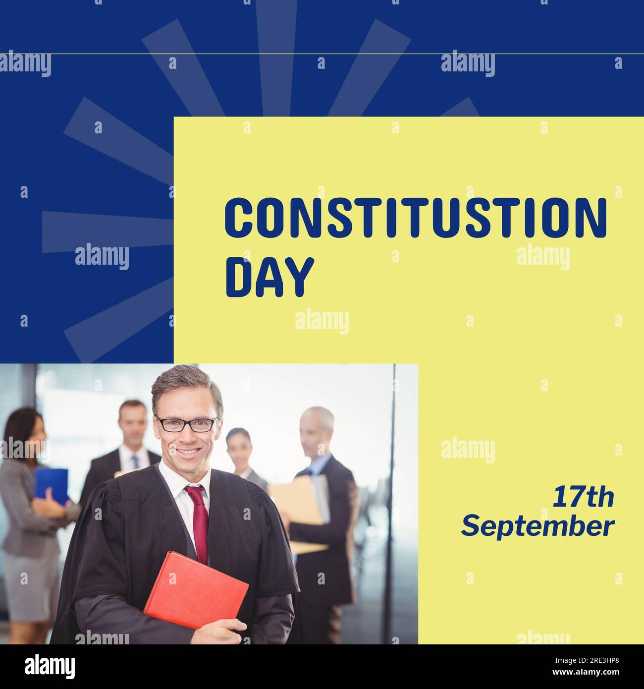 Constitution day text in blue on yellow and smiling caucasian male ...