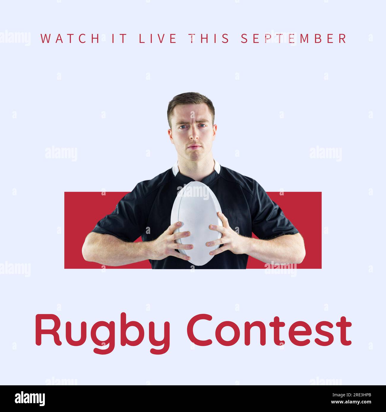 Rugby contest text in red on white with caucasian male rugby player ...