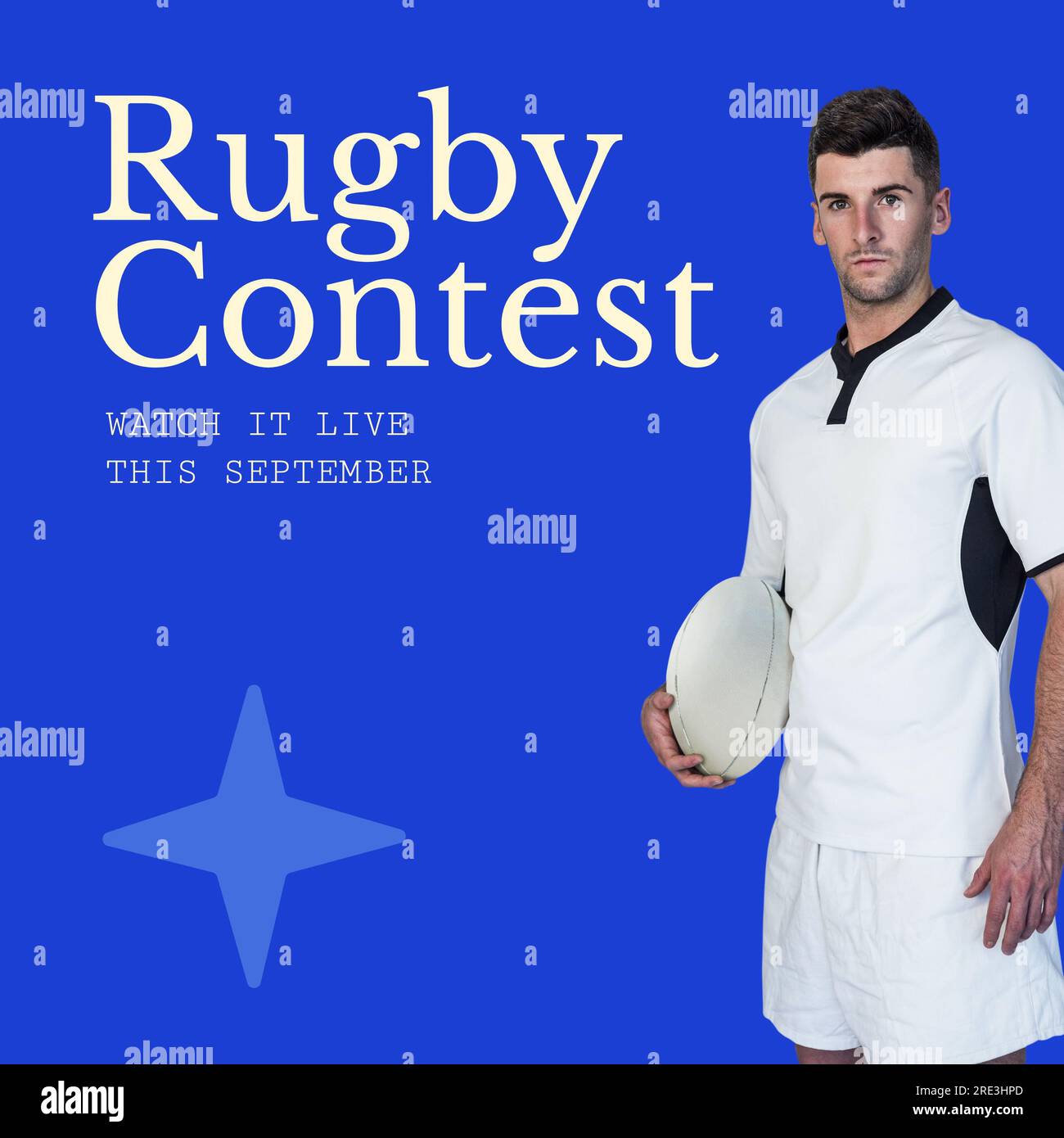 Rugby contest text in white on blue with caucasian male rugby player ...