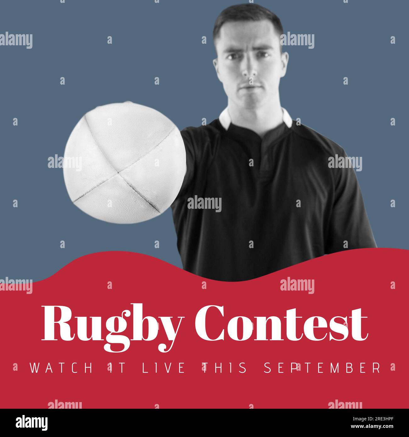 Rugby contest text in white on red and grey with caucasian male rugby ...