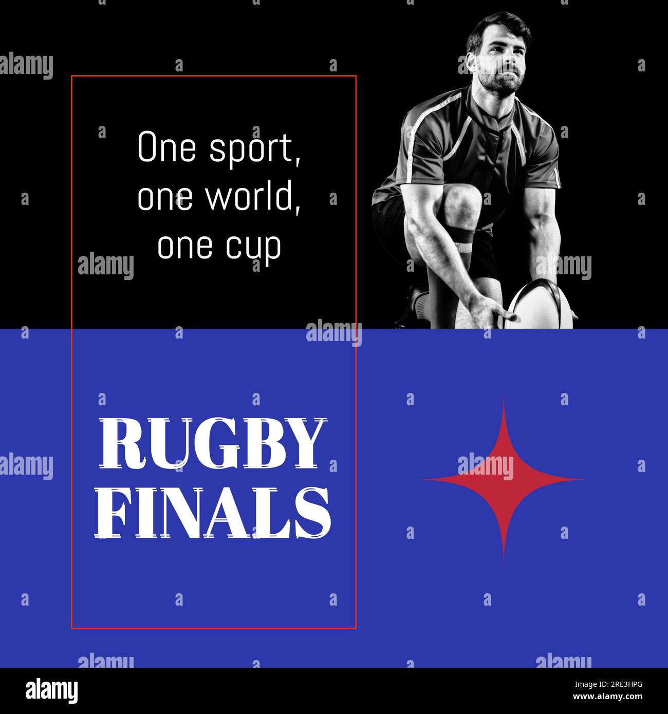 Rugby finals text in white on blue and black with caucasian male rugby ...