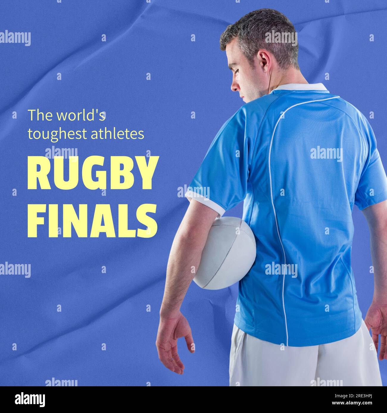 Rugby finals text in yellow on blue with caucasian male rugby player ...