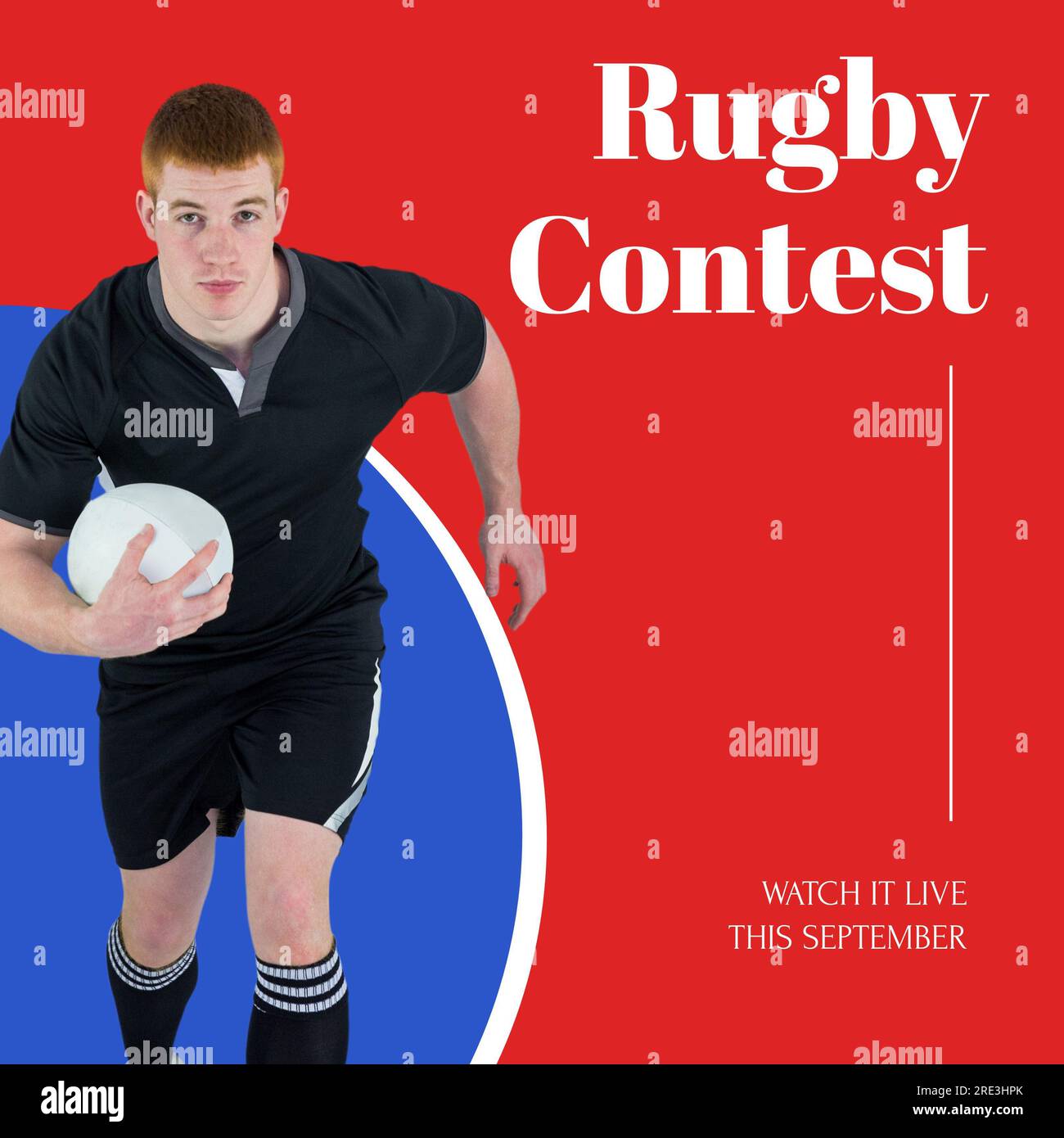 Rugby contest text in white on red and blue with caucasian male rugby ...