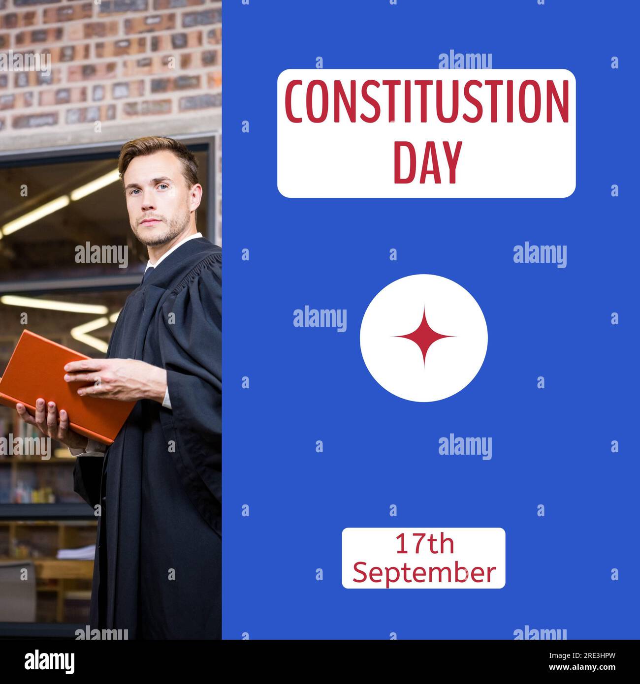 Constitution day text in red on white and blue with caucasian male ...