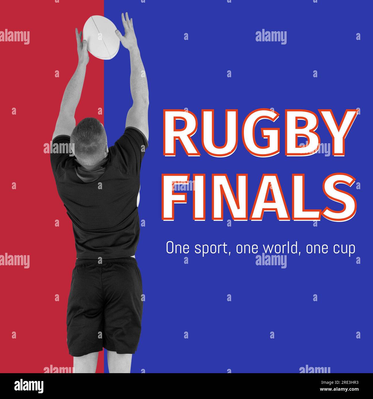Rugby finals text in white on blue and red with caucasian male rugby ...