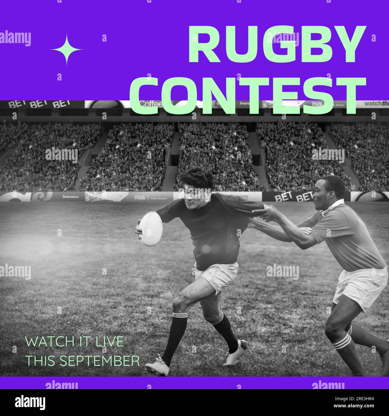 Rugby contest text in green on purple with diverse male rugby players ...