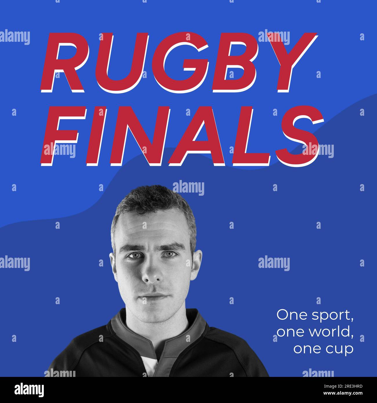 Rugby finals text in red on blue with portrait of caucasian male rugby ...