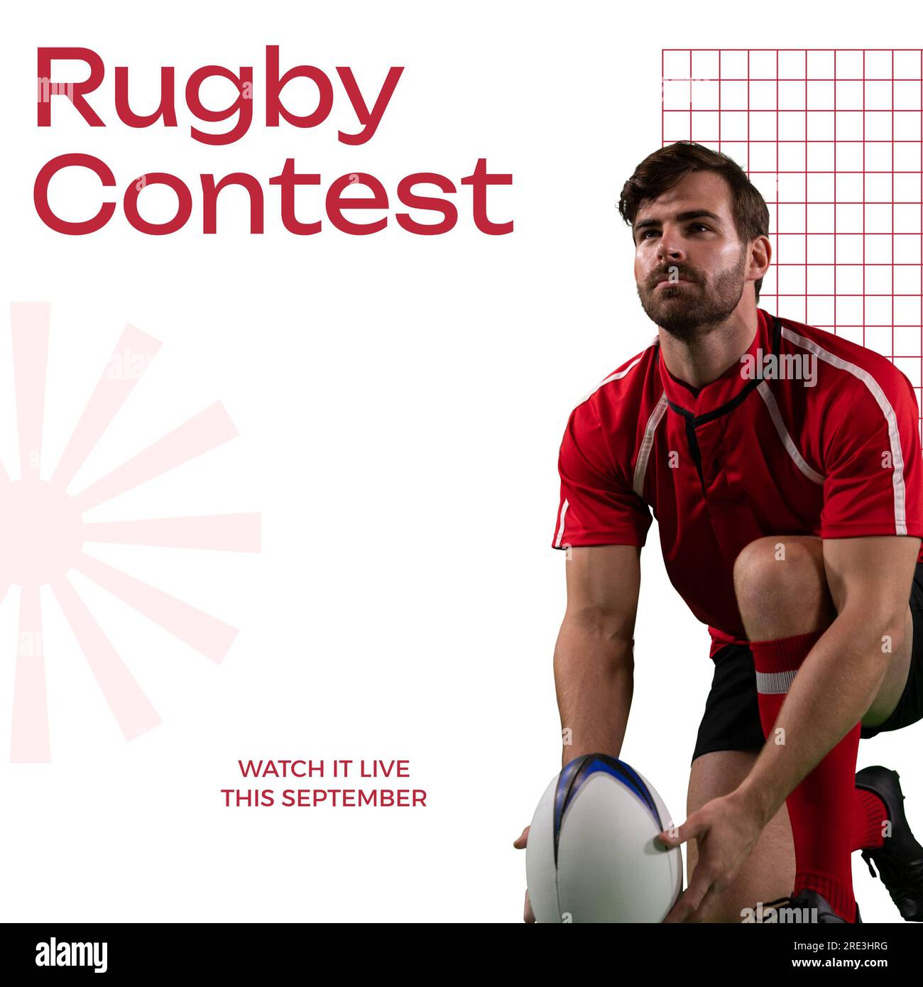 Rugby contest text in red on white with caucasian male rugby player ...