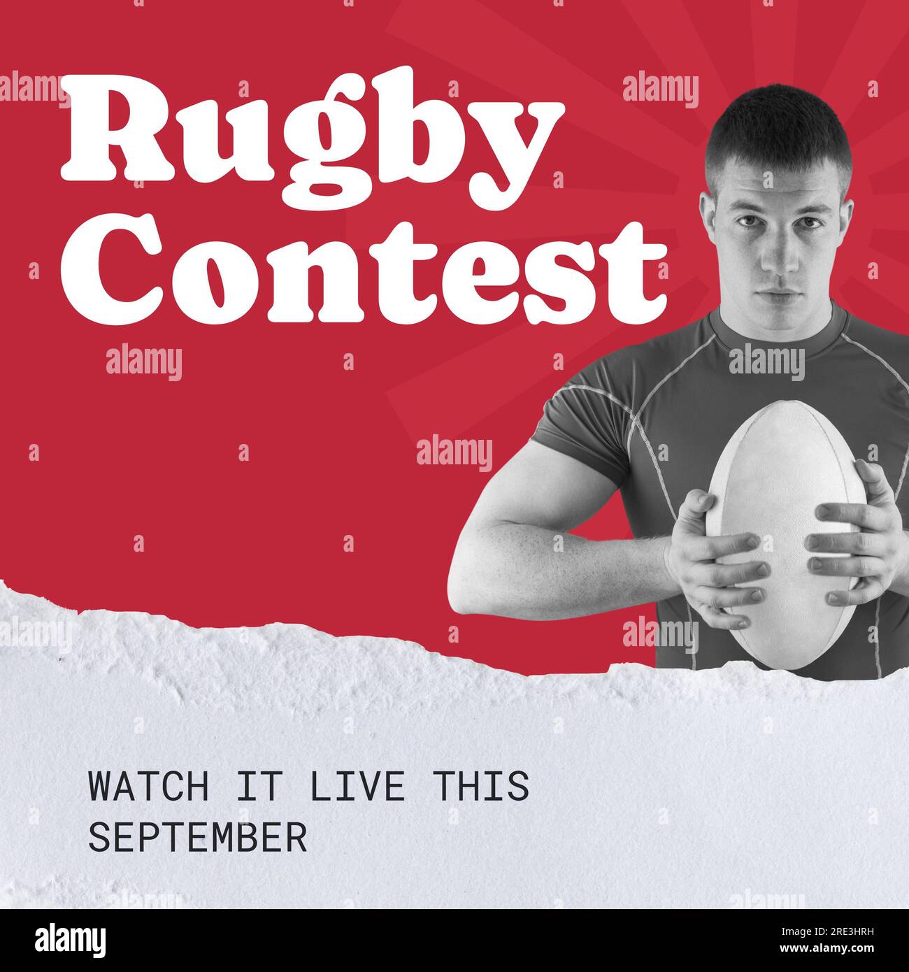 Rugby contest text in white on red with caucasian male rugby player ...