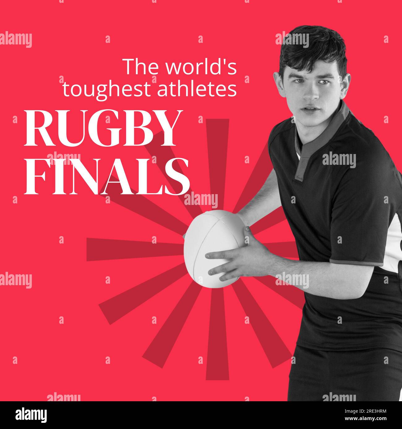 Rugby finals text in white on red with caucasian male rugby player ...