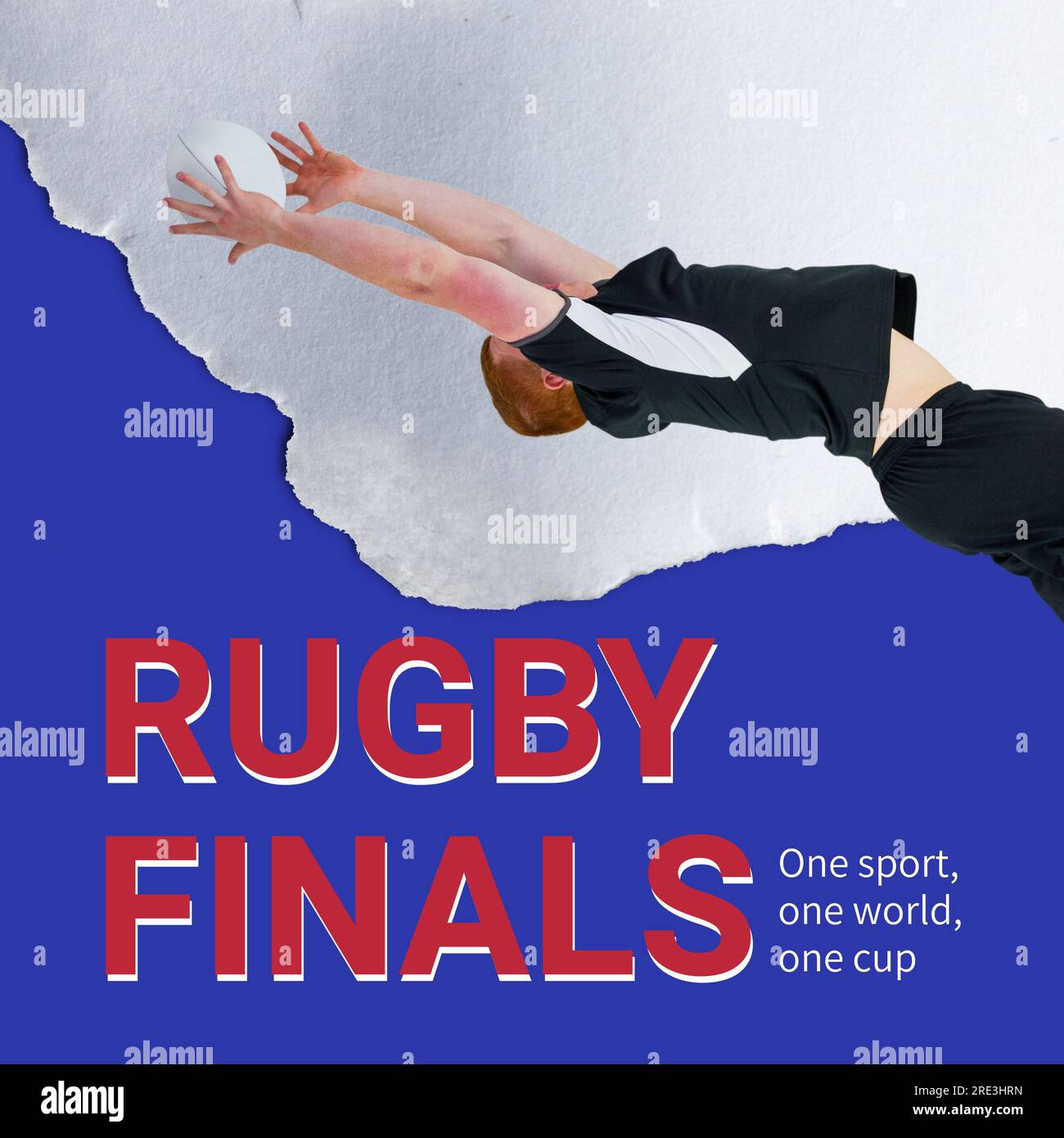 Rugby finals text in red on blue and white with caucasian male rugby ...