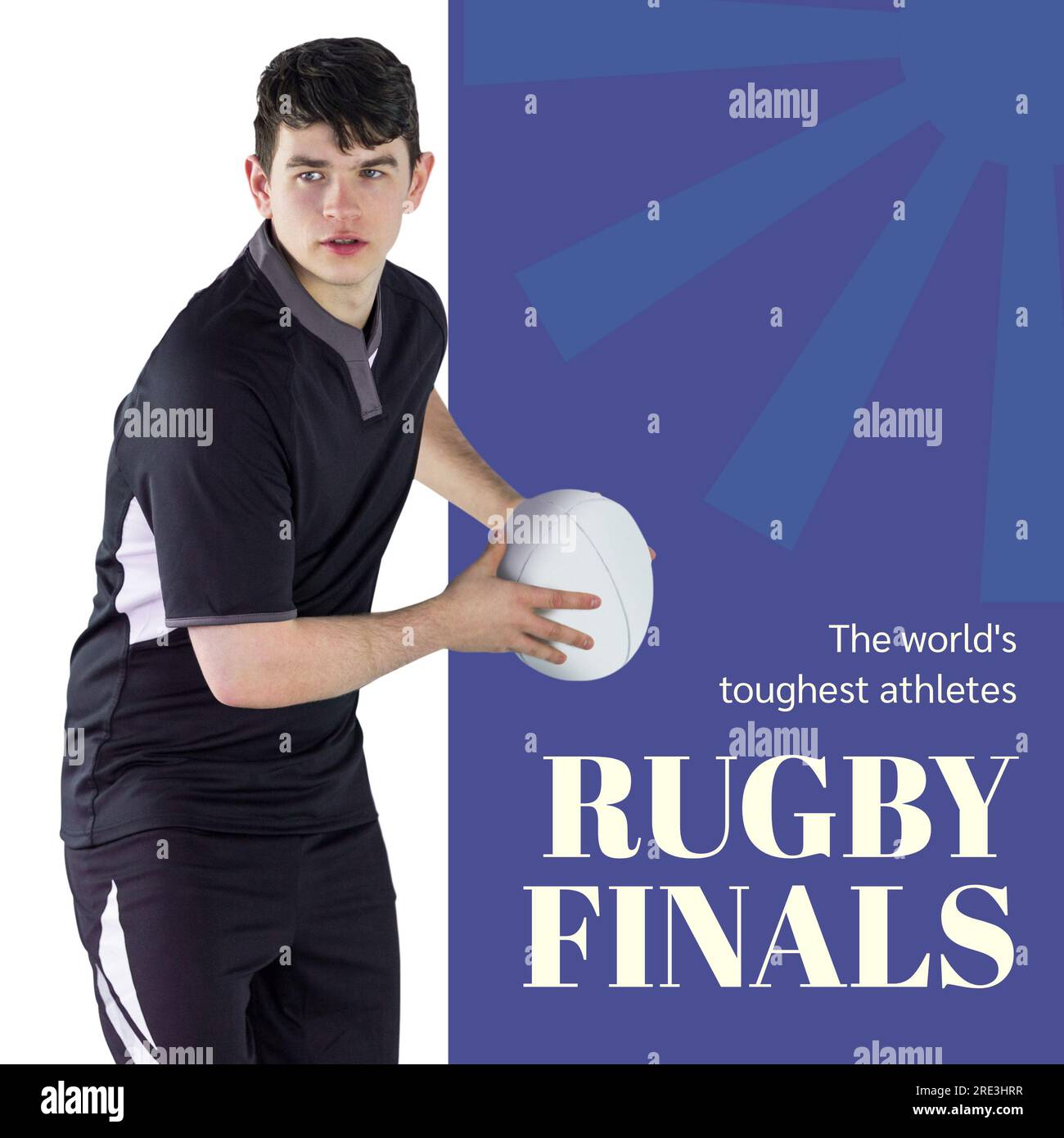 Rugby finals text in white on blue with caucasian male rugby player ...