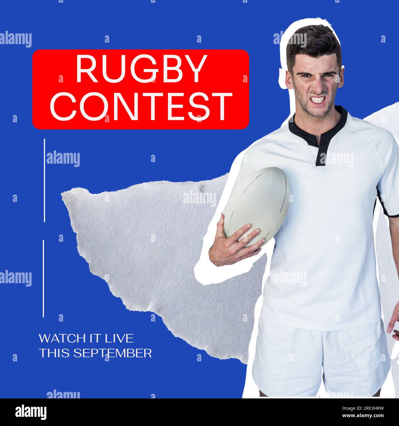 Rugby contest text in white on red and blue with snarling caucasian ...
