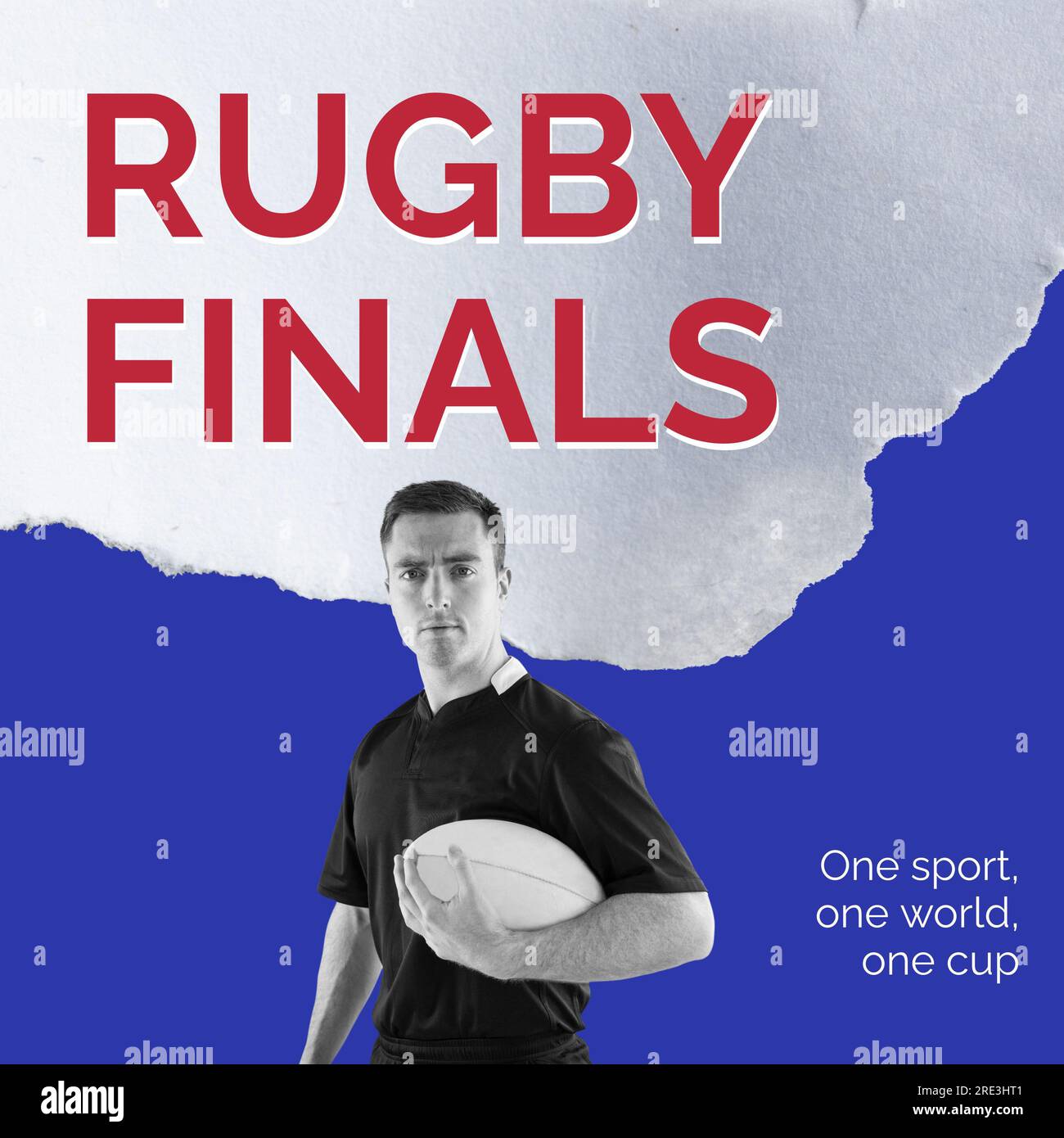Rugby finals text in red on white and blue with caucasian male rugby ...
