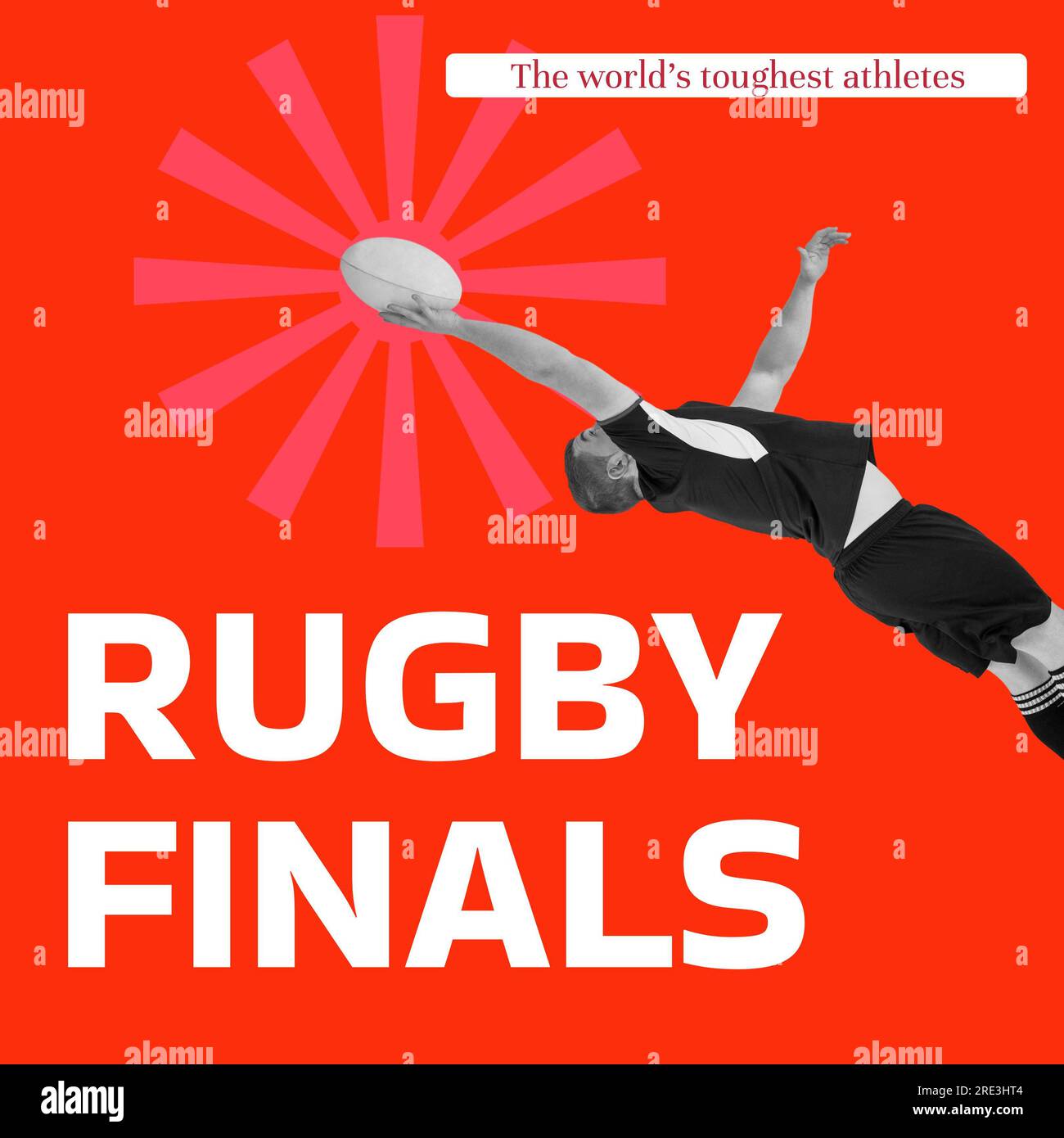 Rugby finals text in white on red with caucasian male rugby player ...