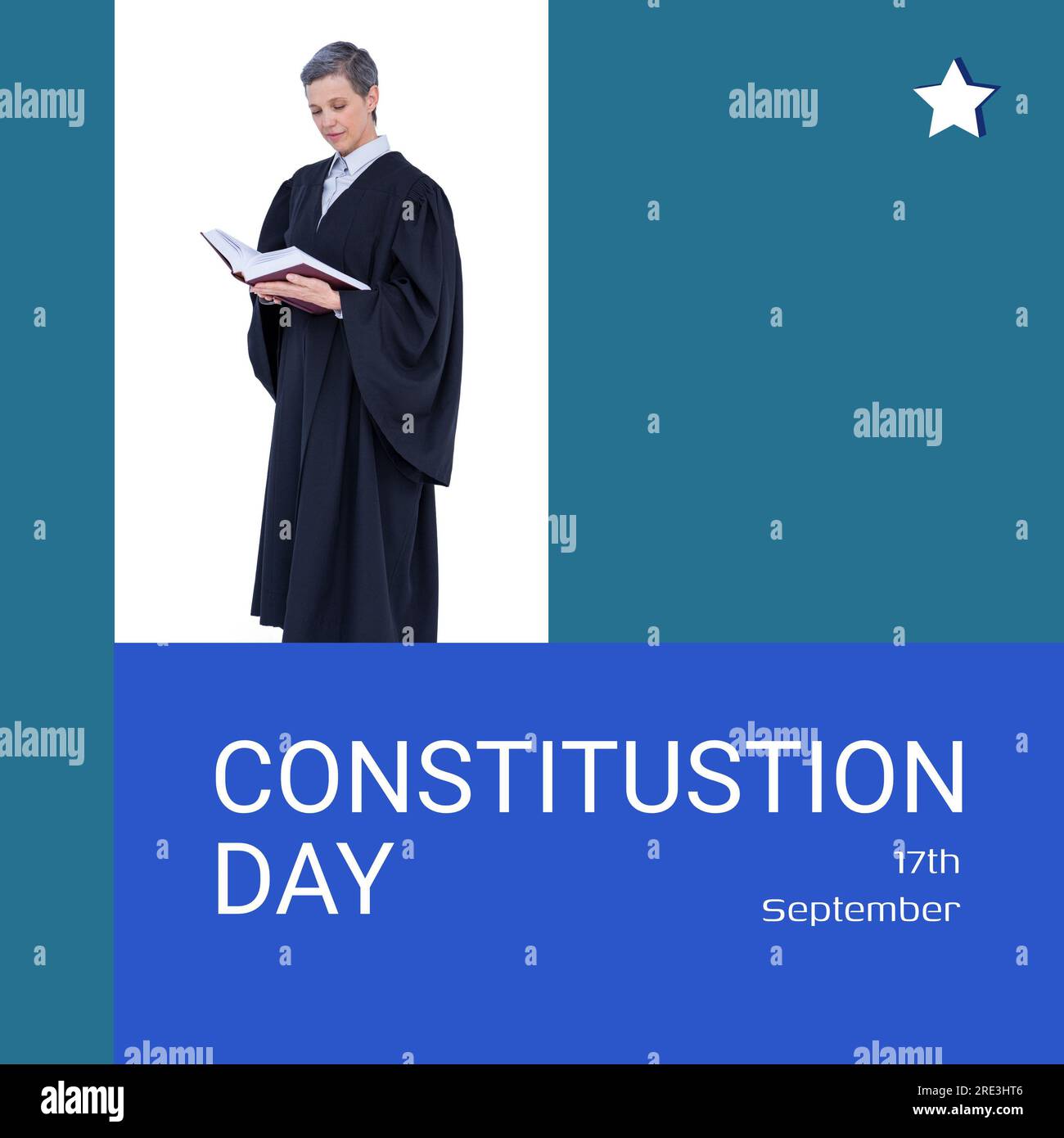 Constitution day text in white on blue with caucasian female attorney ...