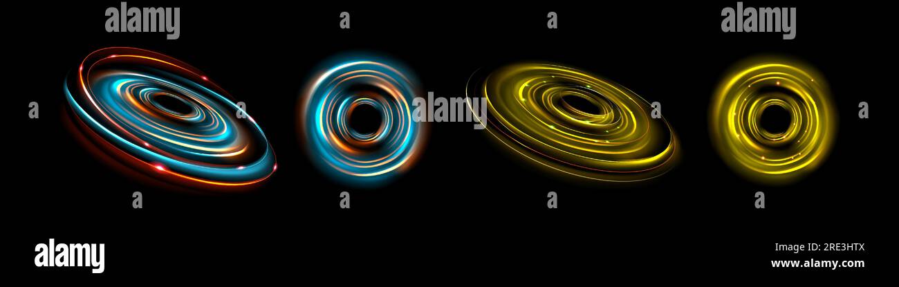 Realistic set of round neon color light flares on black background ...