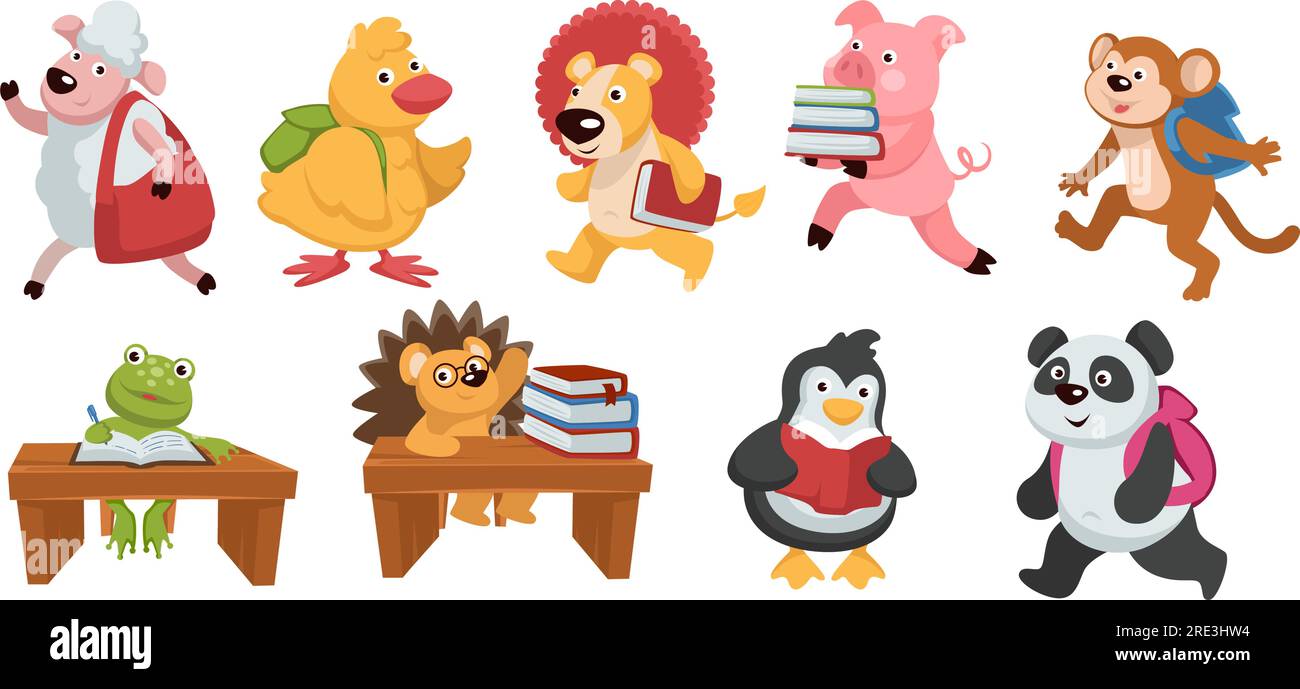 Childlike small animal characters walking with books reading for school ...