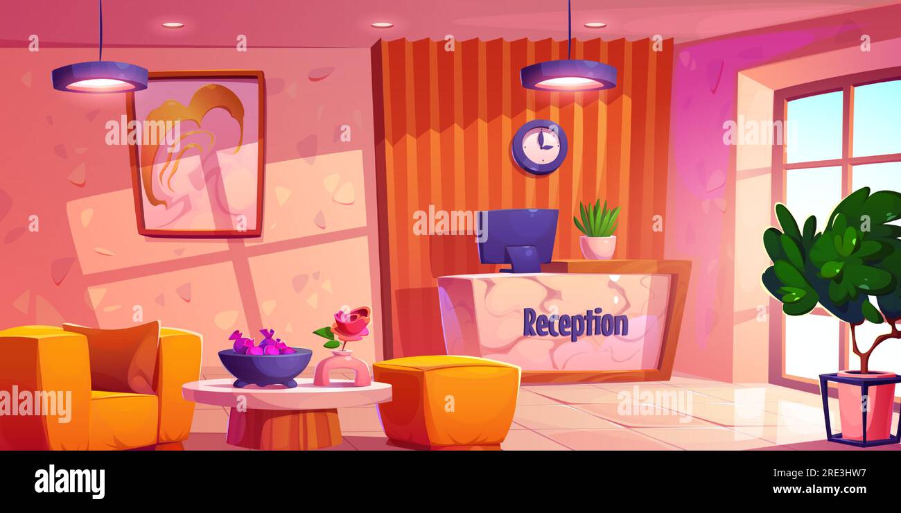 Hotel reception and lobby room interior vector illustration. Office ...