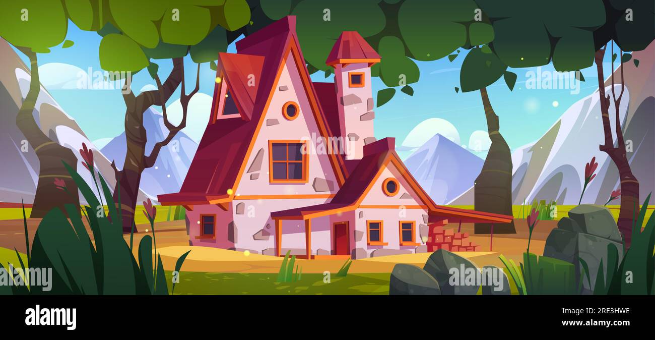 Old house in forest at foot of mountains. Vector cartoon illustration ...