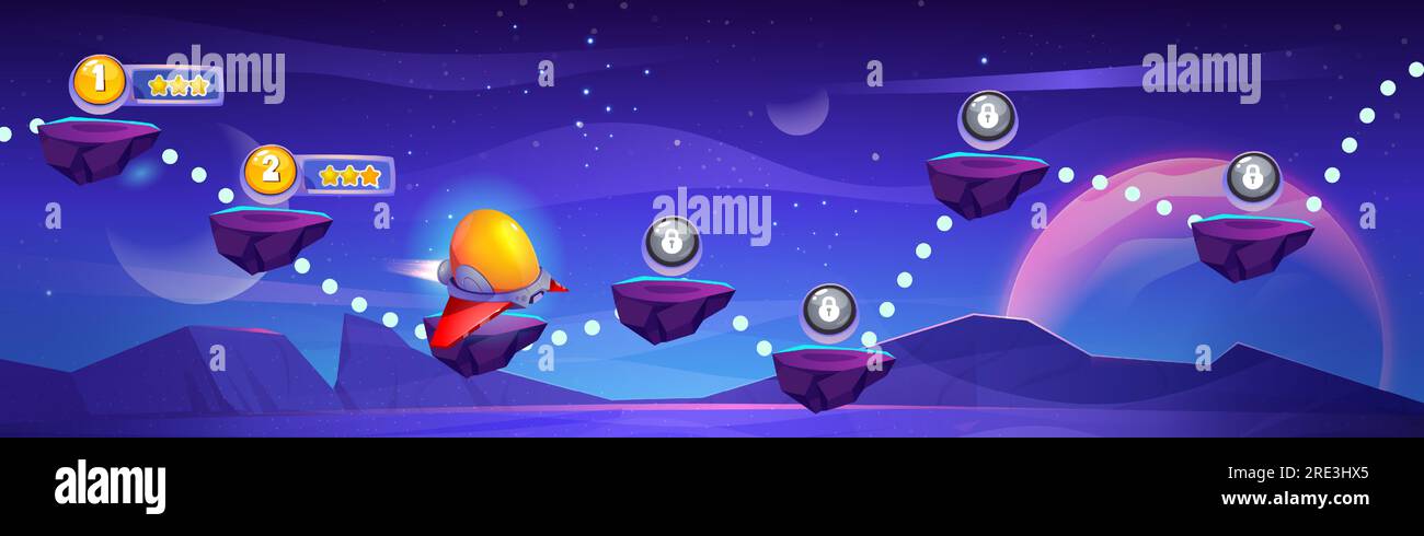Space game progress map on night sky background. Vector cartoon ...