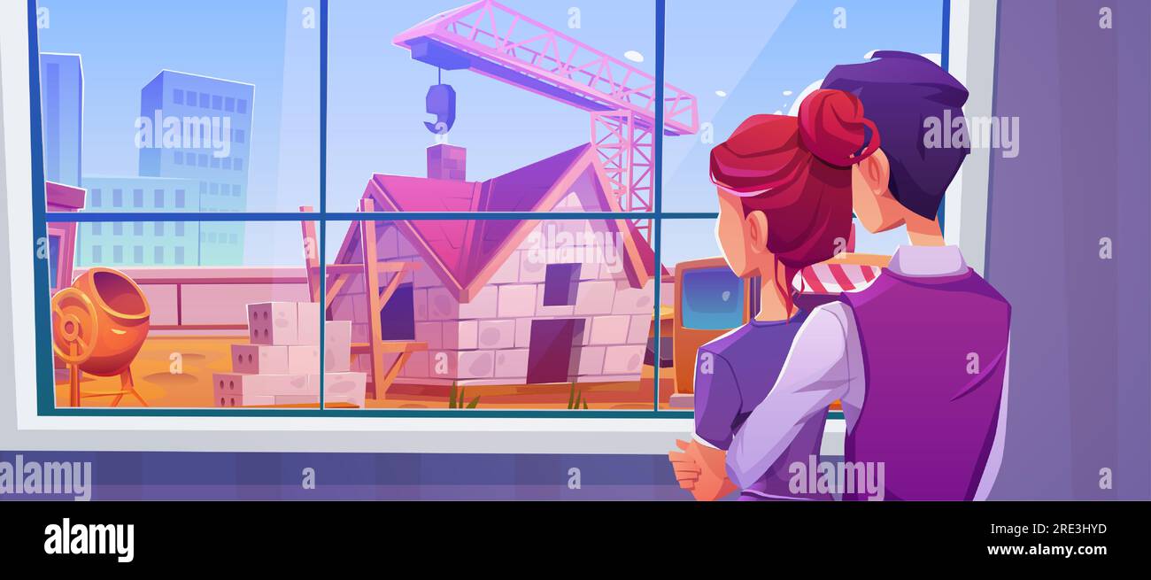 Couple looking at house construction site through window. Vector ...