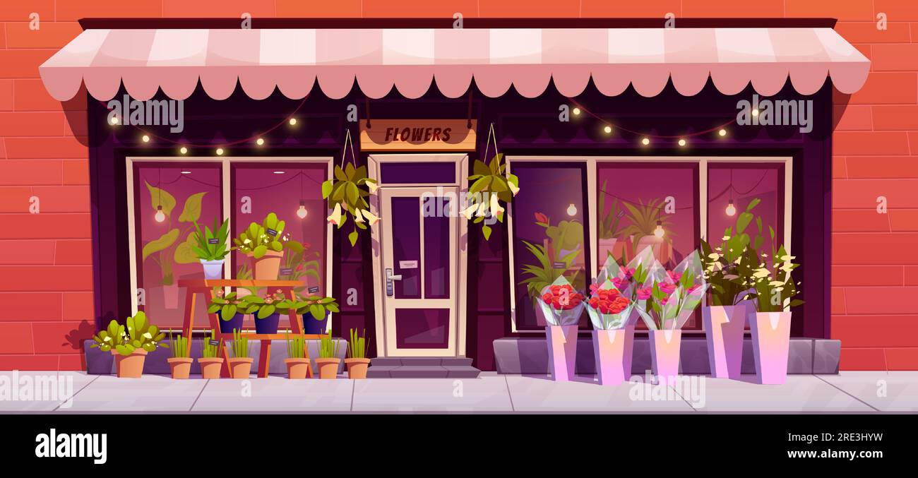 Modern flower shop facade in city street. Vector cartoon illustration ...
