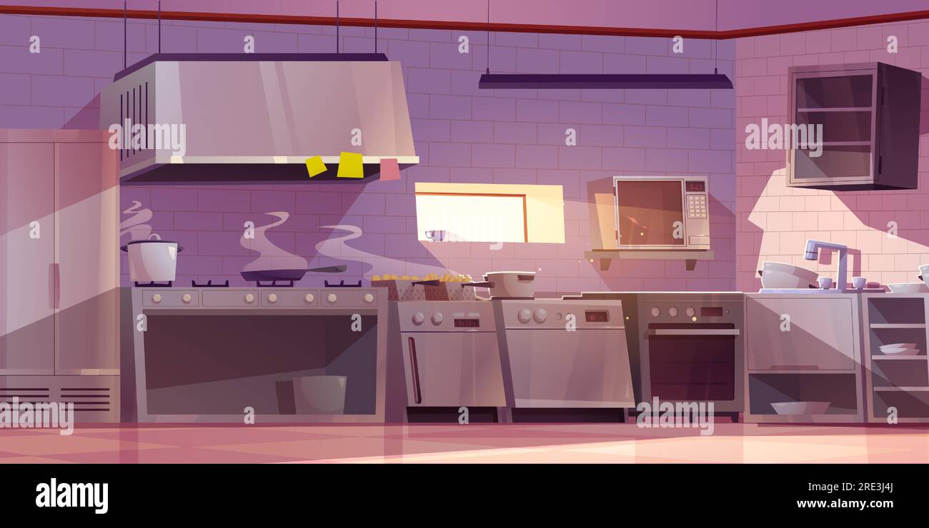 Professional kitchen interior with equipment and furniture. Vector ...