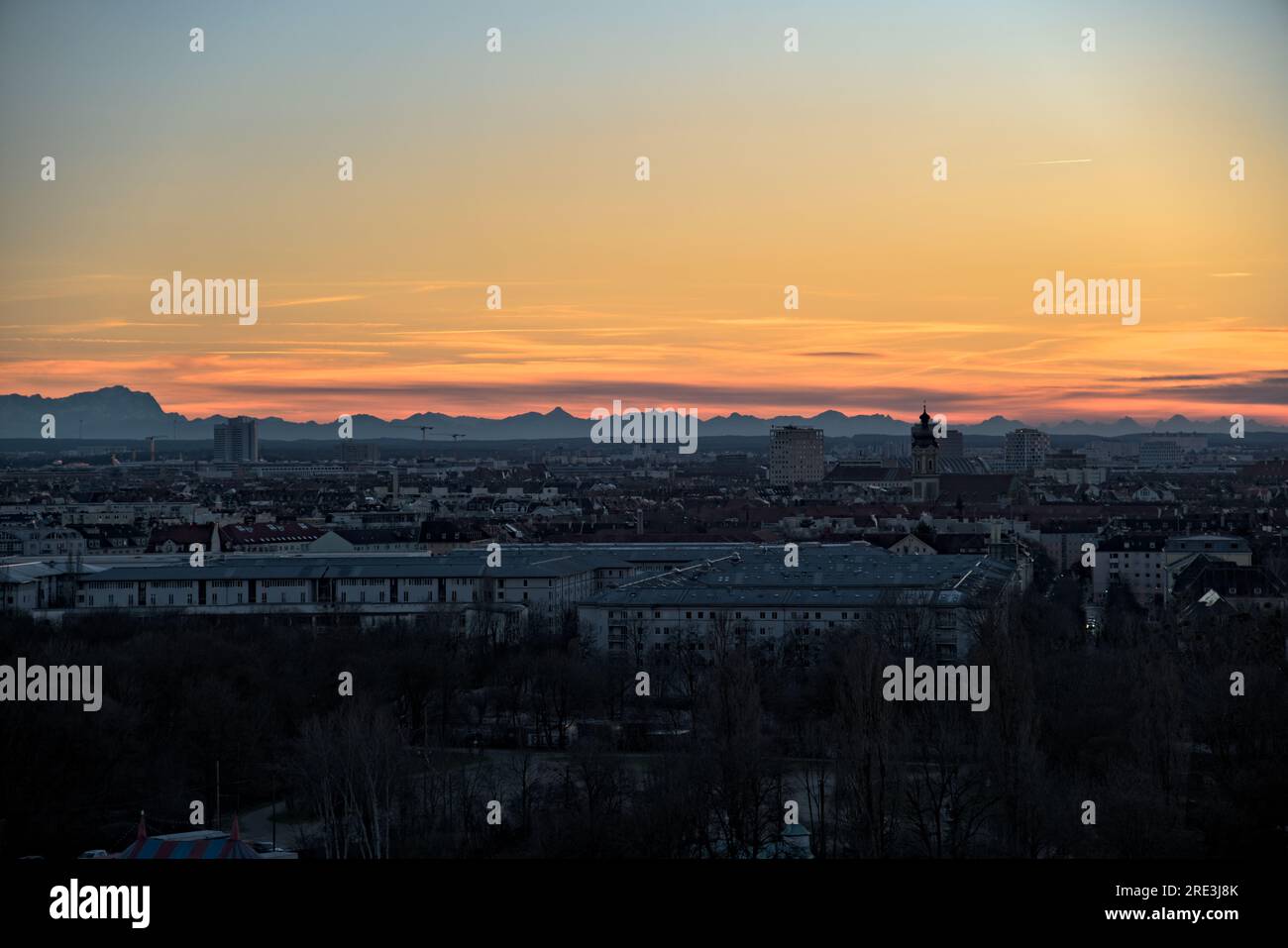 Beautyful Sunset with view on Bavarian Alps. Photo was taken in Munich ...