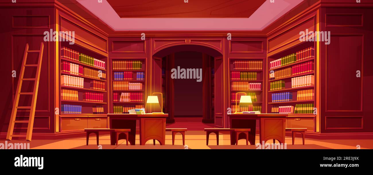 Bookshelf in library interior with table and chair background ...