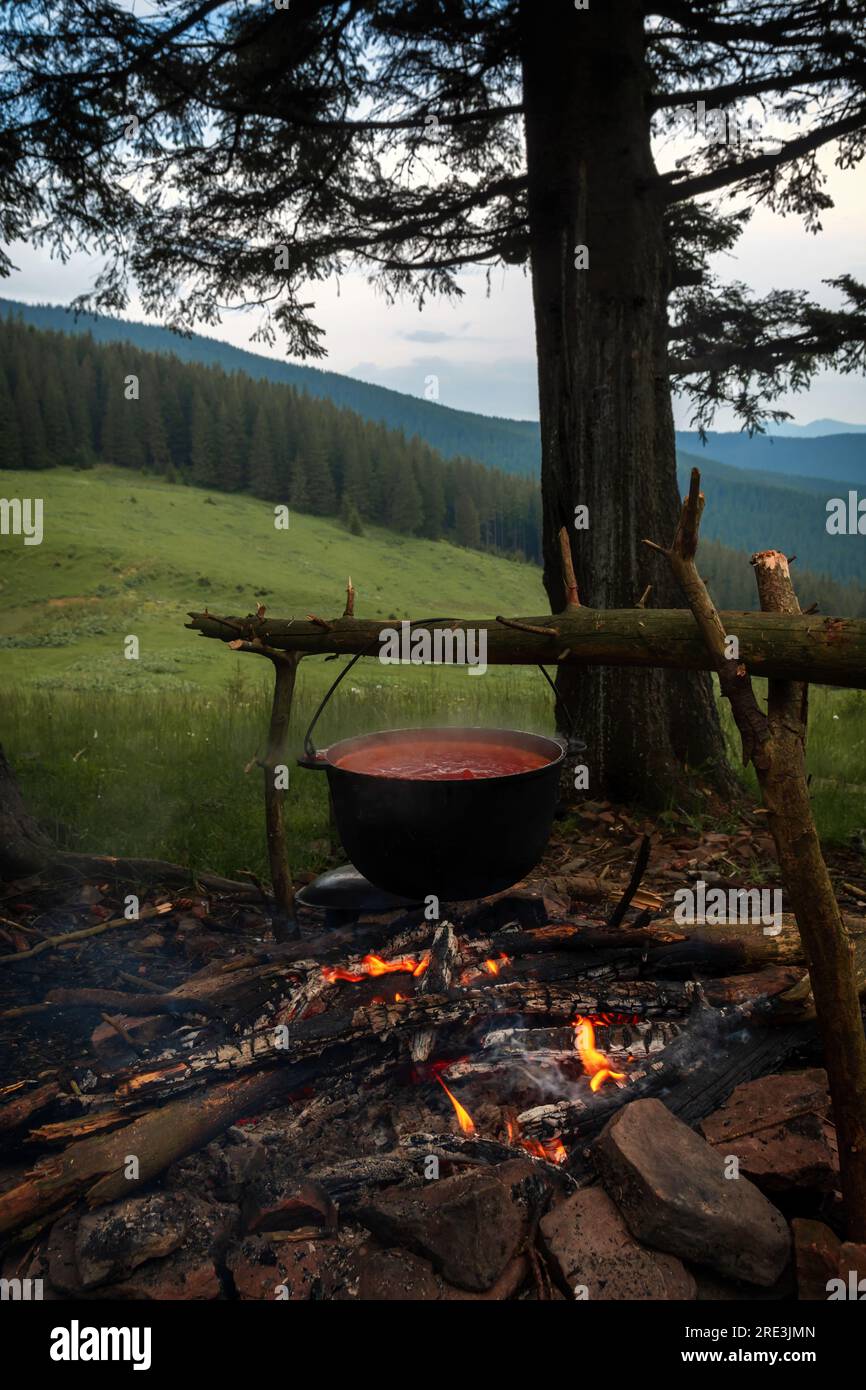 Cooking food on campfire in mountains. Camping season, Cauldron on the ...