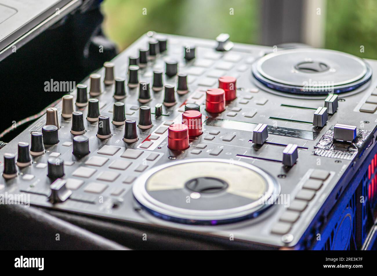 Professional DJ Equipment sound and audio mixer control panel with ...