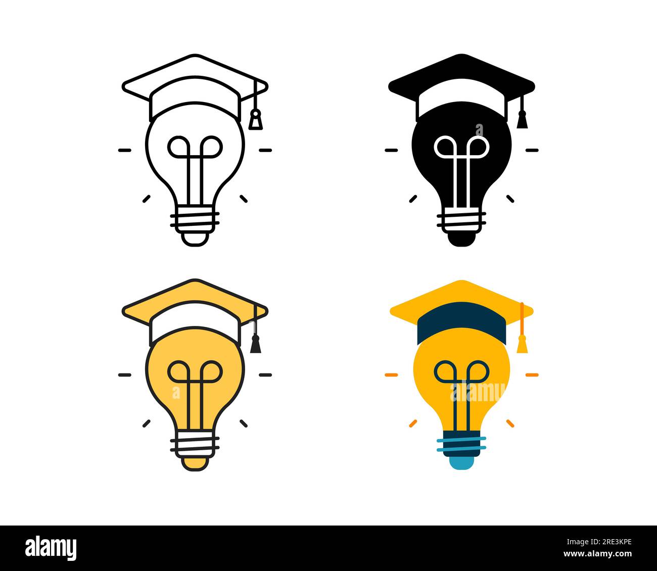graduation cap and bulb icon vector design in 4 style line, glyph, duotone, and flat Stock ...