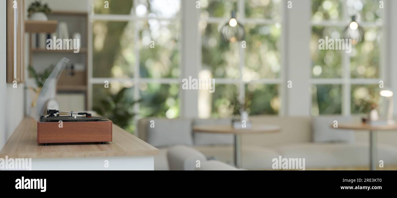 Close-up rear view image of a vintage vinyl record player is on a ...